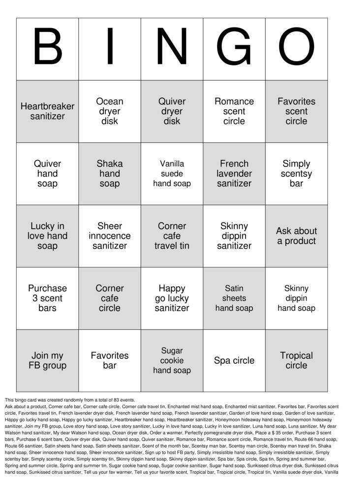 Scentsy Products Bingo Cards to Download, Print and Customize!
