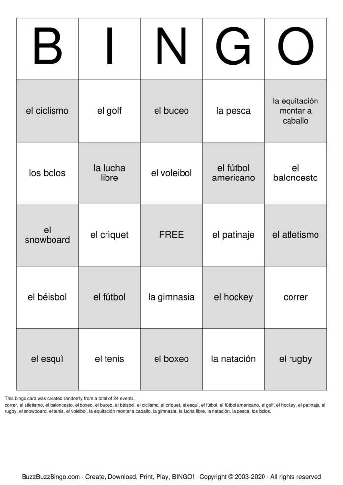 Spanish Sports Bingo Cards to Download, Print and Customize!