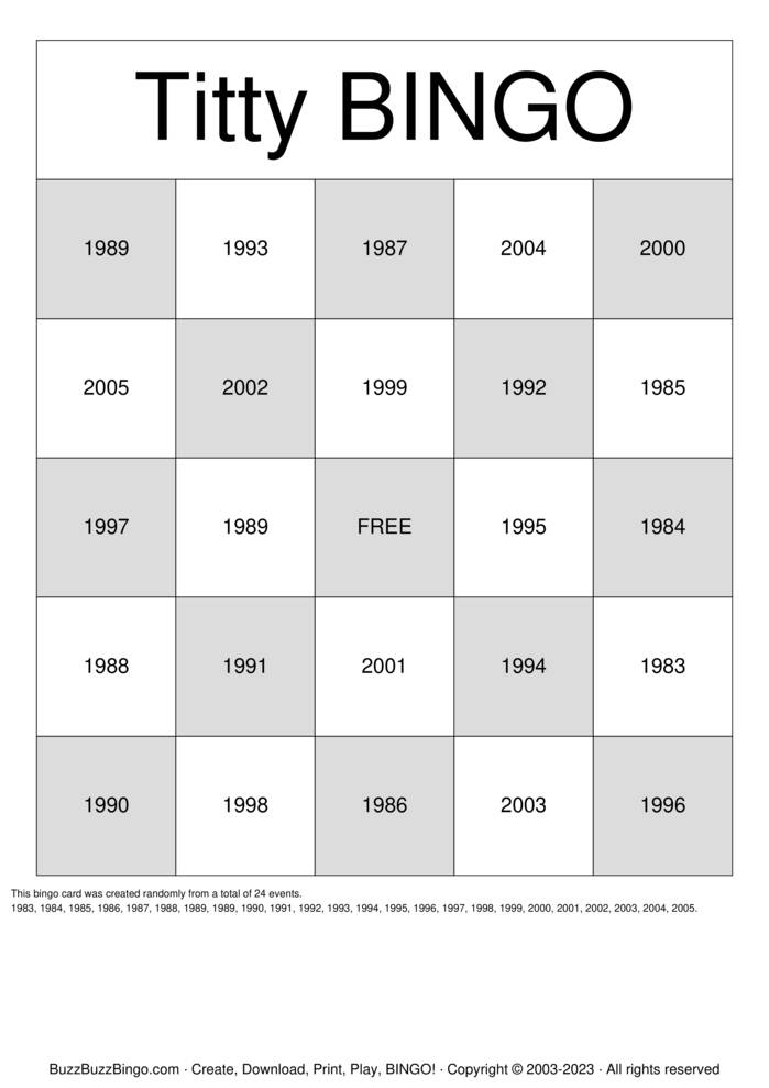 Titty BINGO Bingo Cards to Download, Print and Customize!