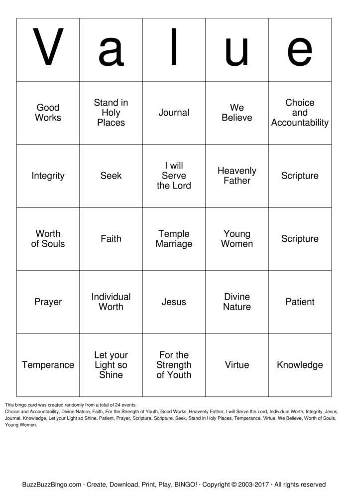 Value Bingo Cards to Download, Print and Customize!