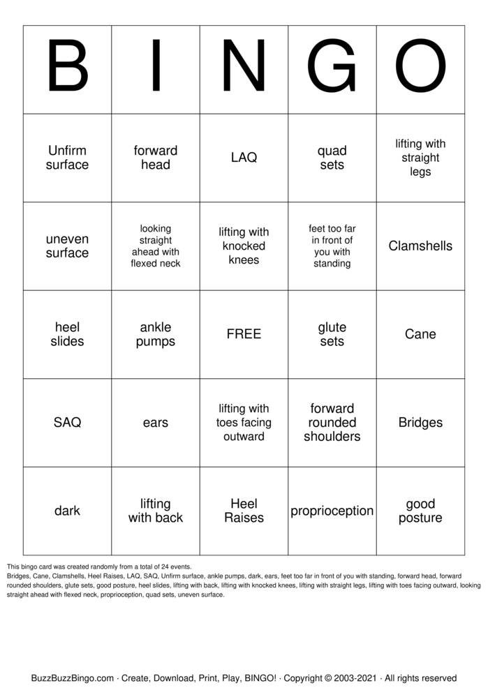 physical therapy Bingo Cards to Download, Print and Customize!