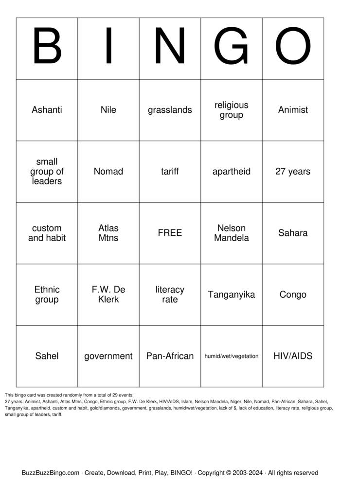 Africa Bingo Cards to Download, Print and Customize!