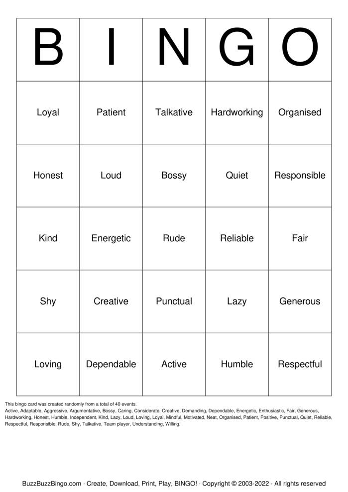Characteristics Traits Bingo Cards to Download, Print and Customize!