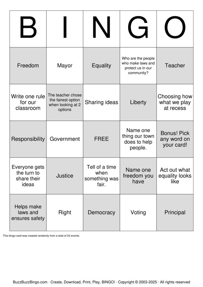 Civics and Government Bingo Cards to Download, Print and Customize!