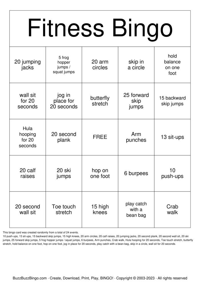 Fitness Bingo Bingo Cards to Download, Print and Customize!