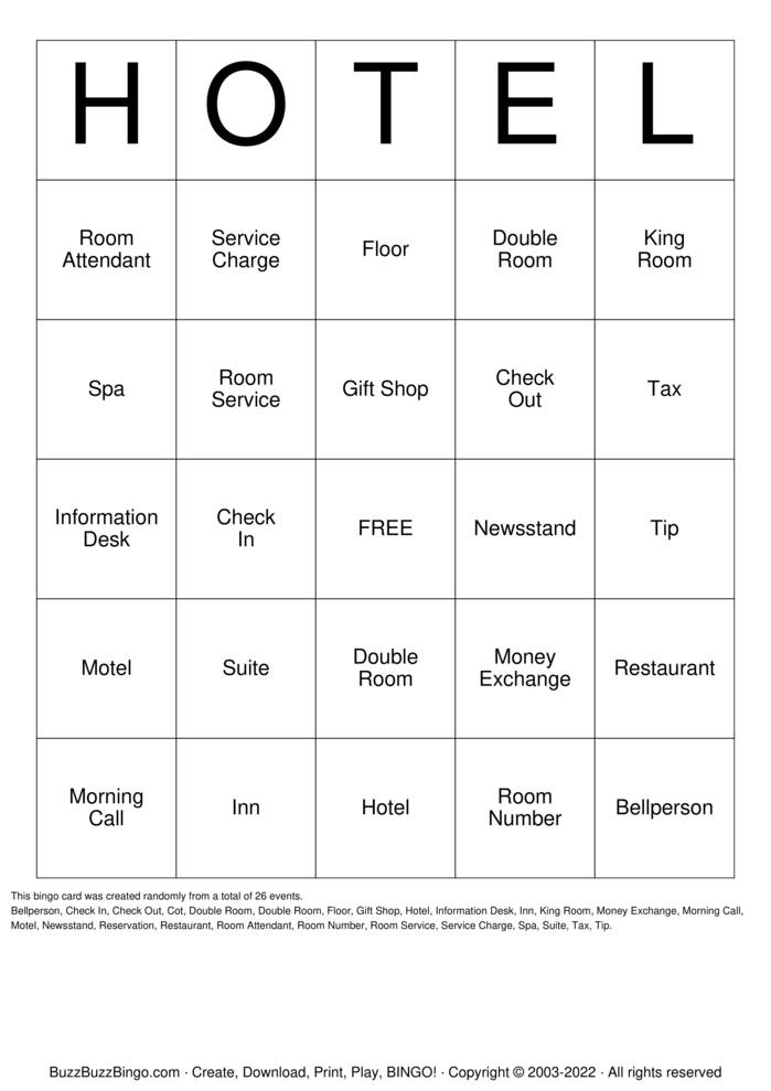 Hotel Bingo Bingo Cards to Download, Print and Customize!