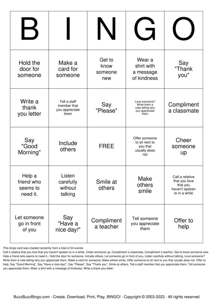 KINDNESS BINGO Bingo Cards to Download, Print and Customize!