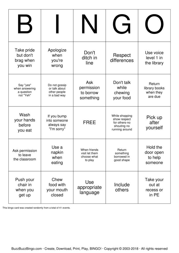 Manners Bingo Cards to Download, Print and Customize!