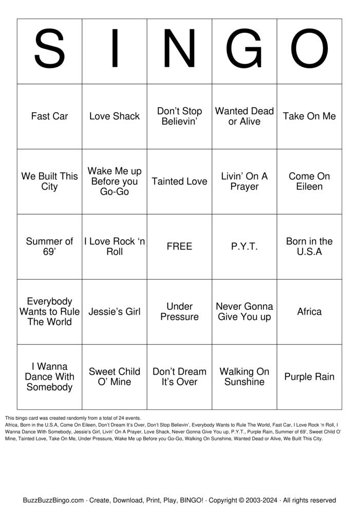 SINGO - 80s Bingo Cards to Download, Print and Customize!