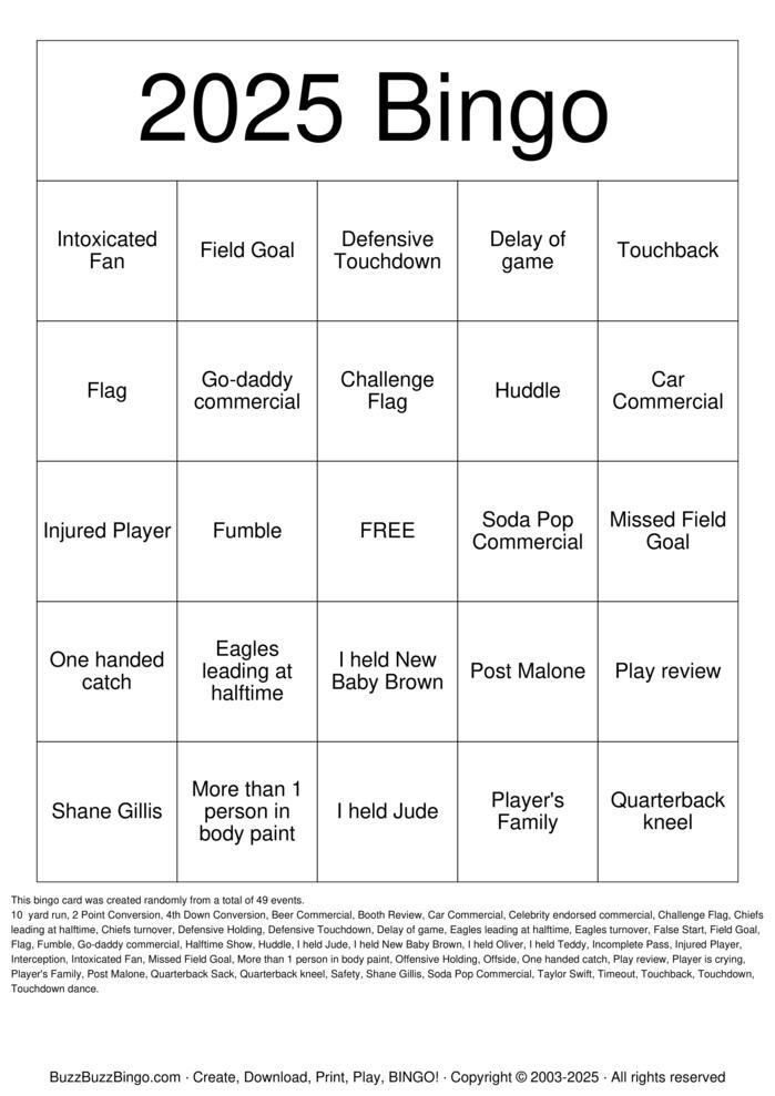 Super Bowl 2025 Bingo Cards to Download, Print and Customize!