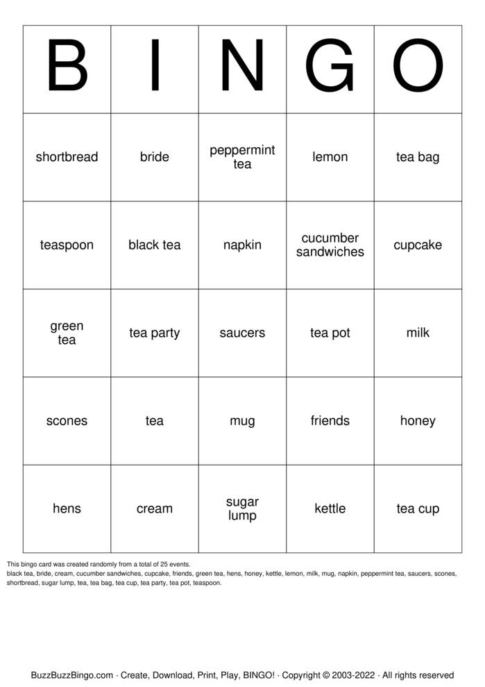 Tea Party Bingo Cards to Download, Print and Customize!