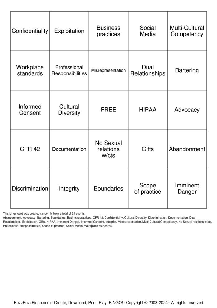 corporate ethics Bingo Cards to Download, Print and Customize!
