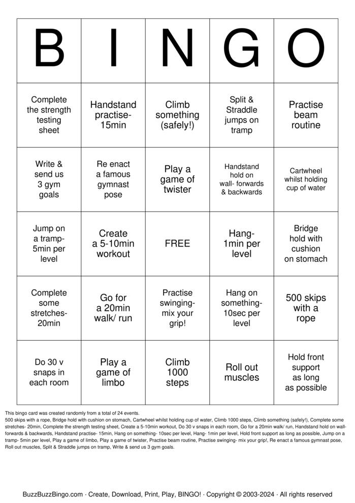 Aspire Gymnastics WAG Classes Bingo Cards to Download, Print and Customize!