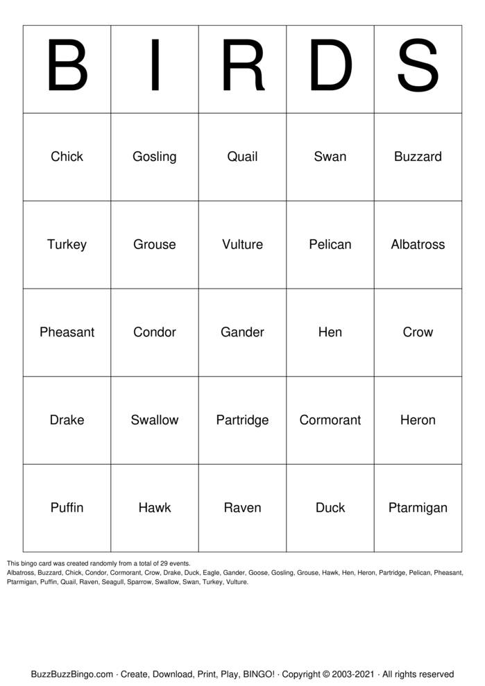 Birds Bingo Cards to Download, Print and Customize!