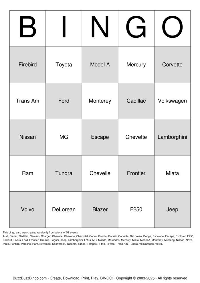 Car show Bingo Cards to Download, Print and Customize!
