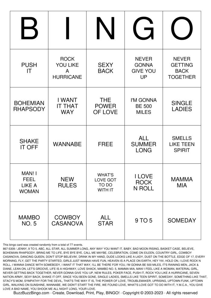 DJ BIG SEXY'S SINGO Bingo Cards to Download, Print and Customize!