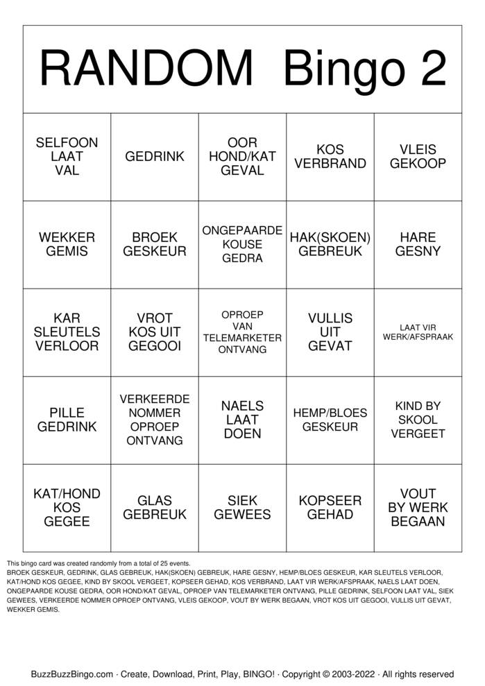 Die week Bingo Bingo Cards to Download, Print and Customize!