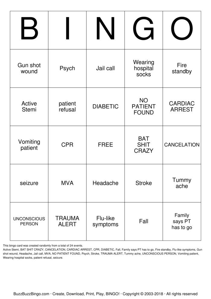 EMS Bingo Cards to Download, Print and Customize!