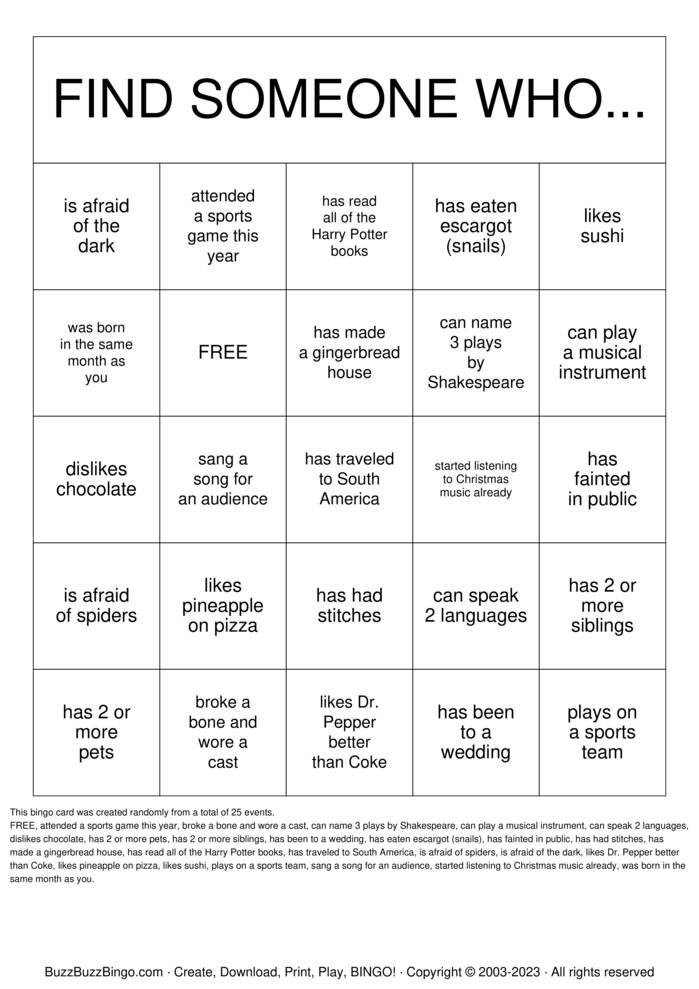 Find Someone Who... Bingo Cards to Download, Print and Customize!