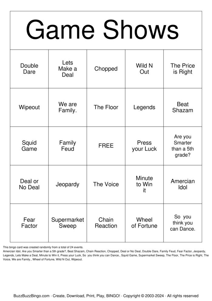 Game Shows Bingo Cards to Download, Print and Customize!