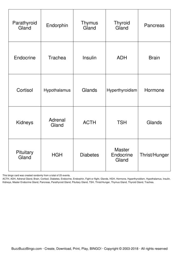 Glands & Hormones Bingo Cards to Download, Print and Customize!