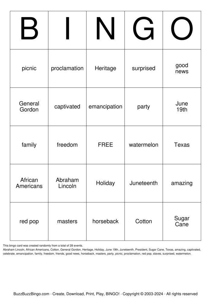 Juneteenth Bingo Cards to Download, Print and Customize!
