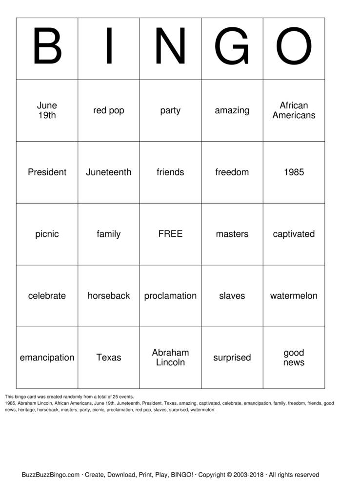 Juneteenth Bingo Cards to Download, Print and Customize!