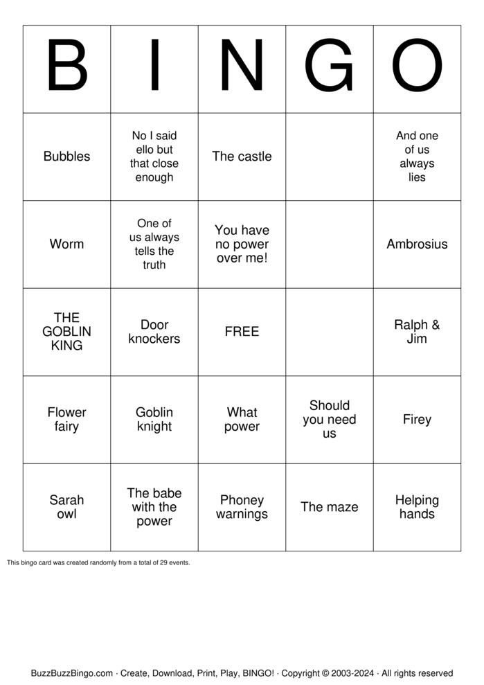 Labyrinth Bingo Cards to Download, Print and Customize!