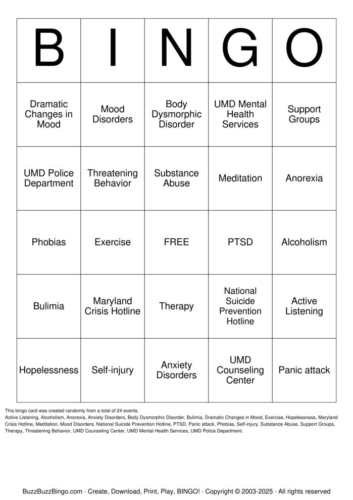 Mental Health Bingo Bingo Cards to Download, Print and Customize!