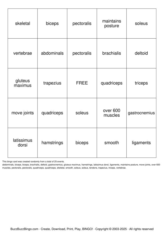 Muscular System Bingo Cards to Download, Print and Customize!