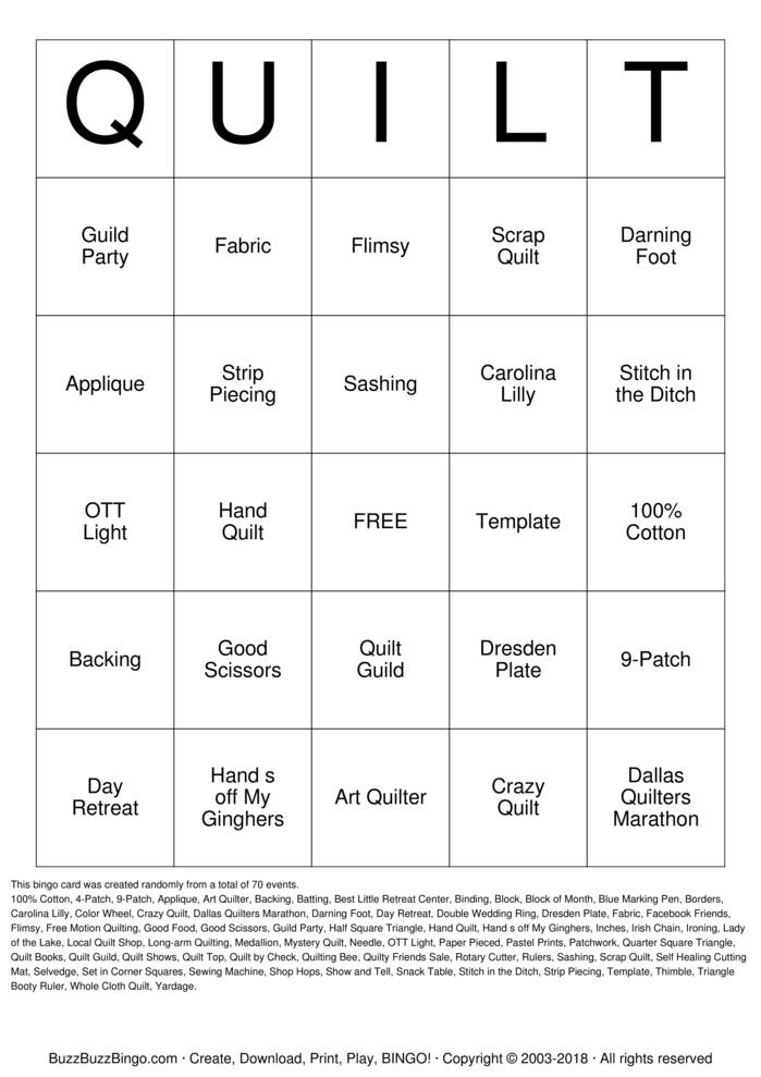 QUILT Bingo Cards to Download, Print and Customize!
