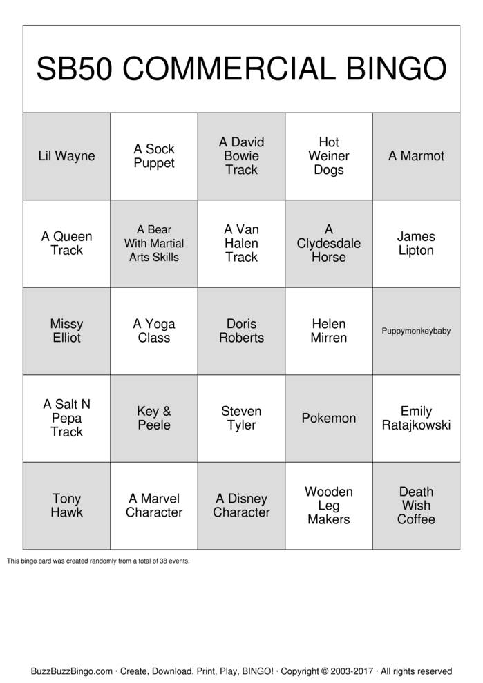 SB50 Commercial Bingo Cards to Download, Print and Customize!