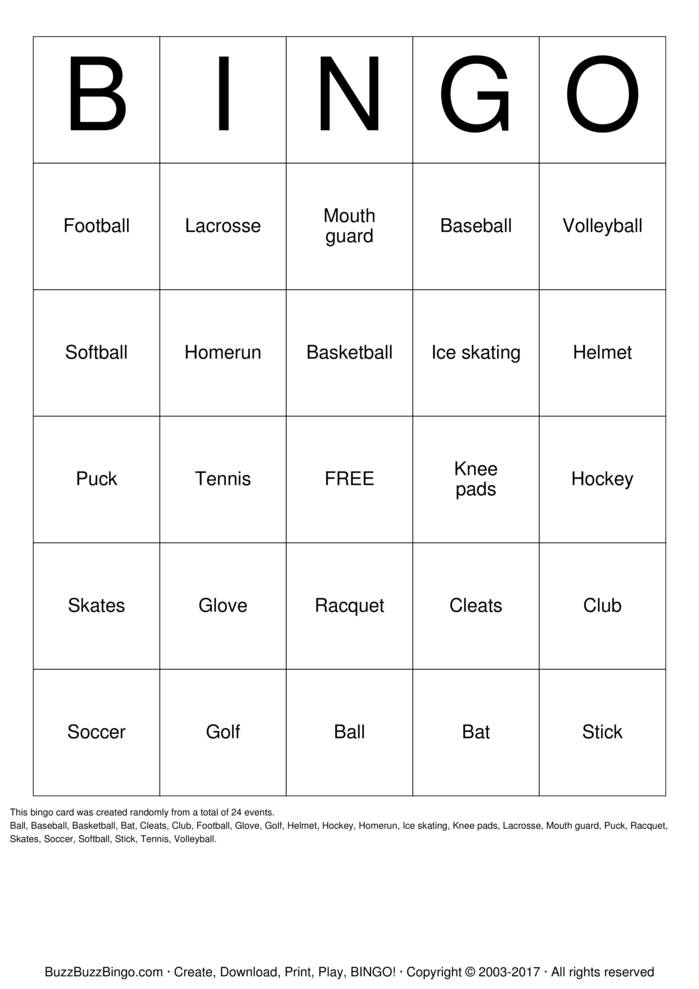 SPORT Bingo Cards to Download, Print and Customize!