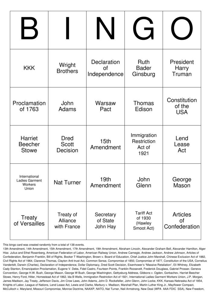 US HISTORY REVIEW Bingo Cards to Download, Print and Customize!