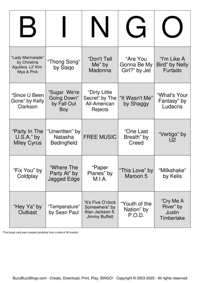 00's Music Bingo (1) Bingo Cards to Download, Print and Customize!