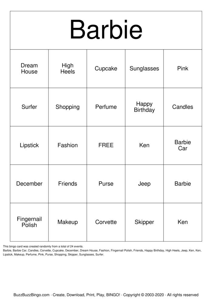 Barbie Bingo Cards to Download, Print and Customize!