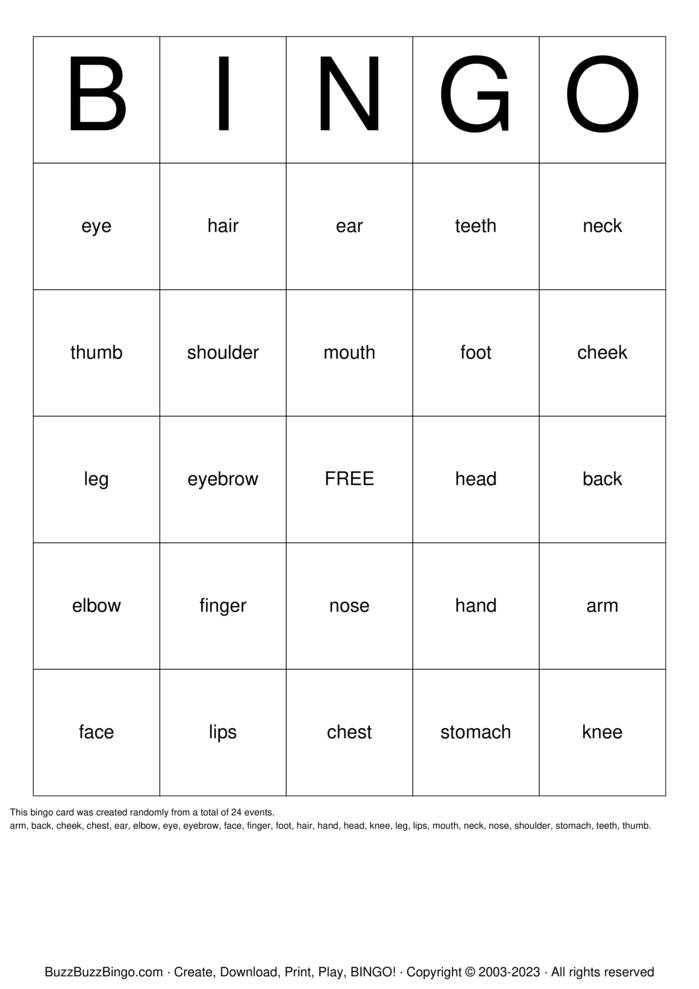 Body Parts Bingo Cards to Download, Print and Customize!