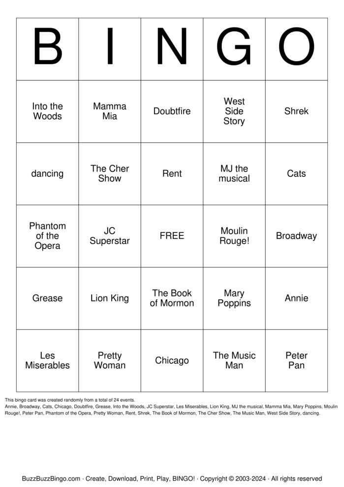 Broadway Bingo Cards to Download, Print and Customize!