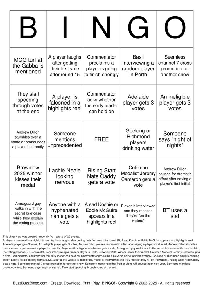Brownlow Bingo Cards to Download, Print and Customize!