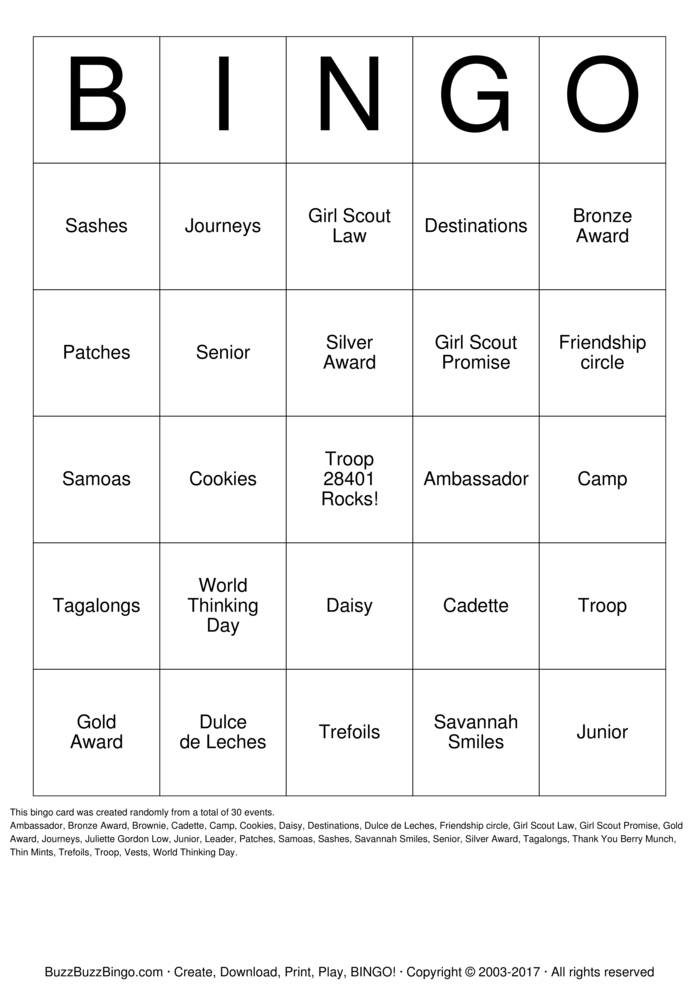 Cadette Bingo Cards to Download, Print and Customize!