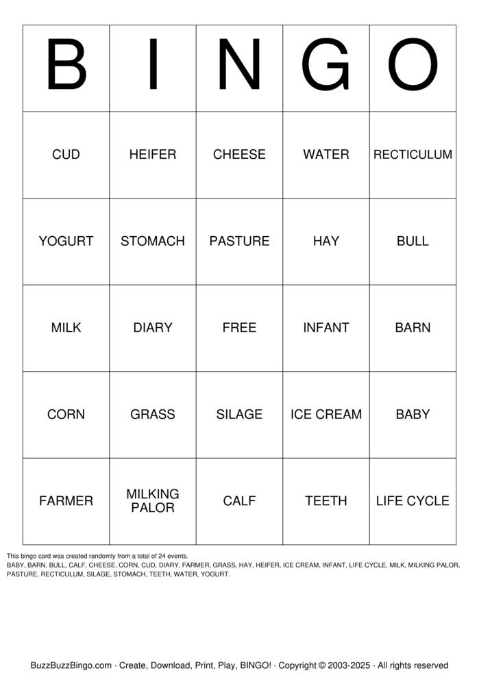 Cow BINGO Bingo Cards to Download, Print and Customize!