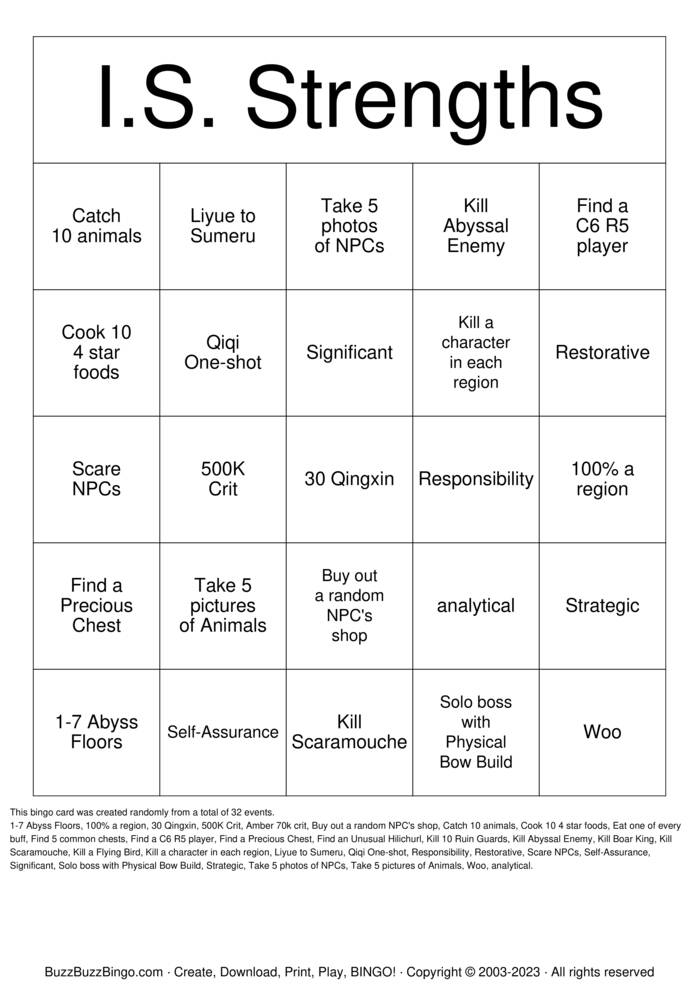 Genshin Bingo Bingo Cards to Download, Print and Customize!