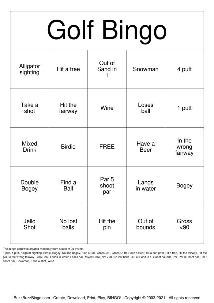 Golf Bingo Bingo Cards to Download, Print and Customize!