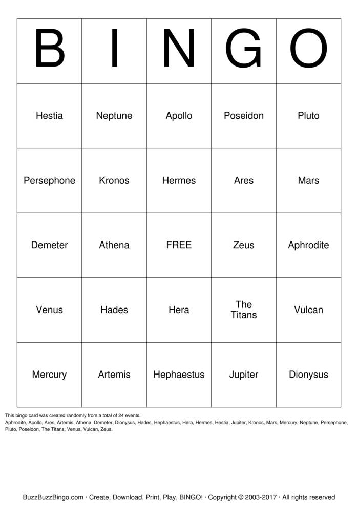 Greek Mythology Bingo Cards to Download, Print and Customize!