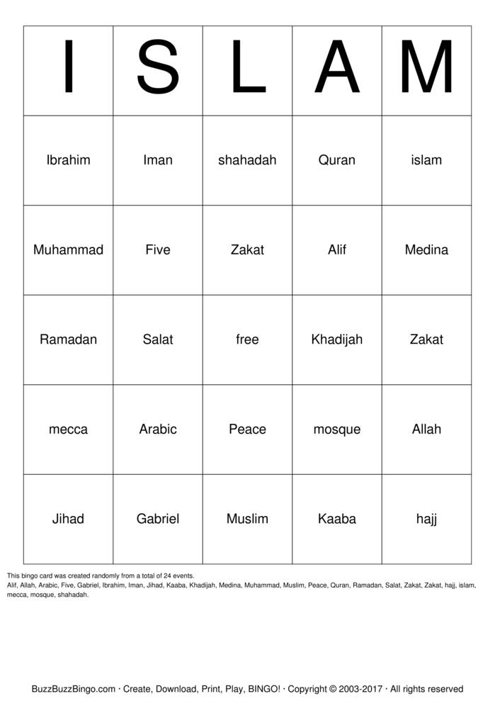 ISLAM Bingo Cards to Download, Print and Customize!