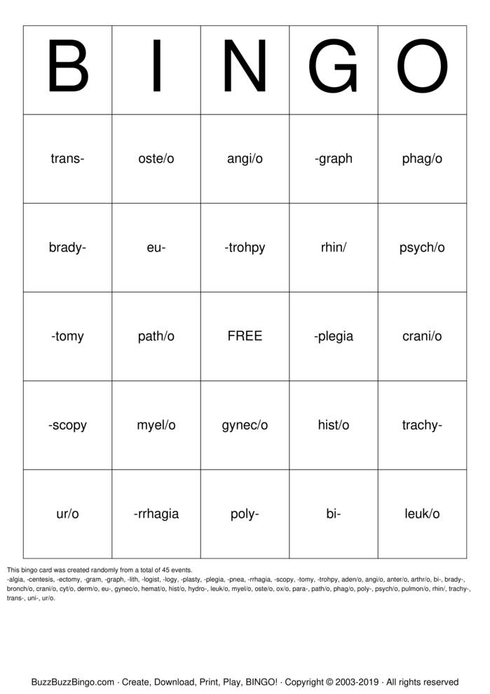 Medical Terms Word Parts Bingo Cards to Download, Print and Customize!