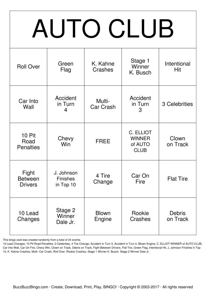 NASCAR Bingo Cards to Download, Print and Customize!