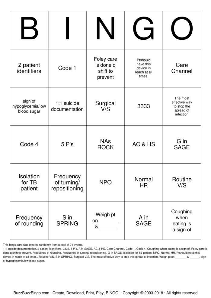 Nursing Assistant BINGO Bingo Cards to Download, Print and Customize!