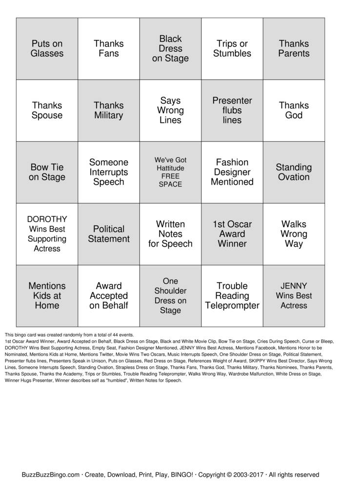 Oscars for Red Hat Bingo Cards to Download, Print and Customize!