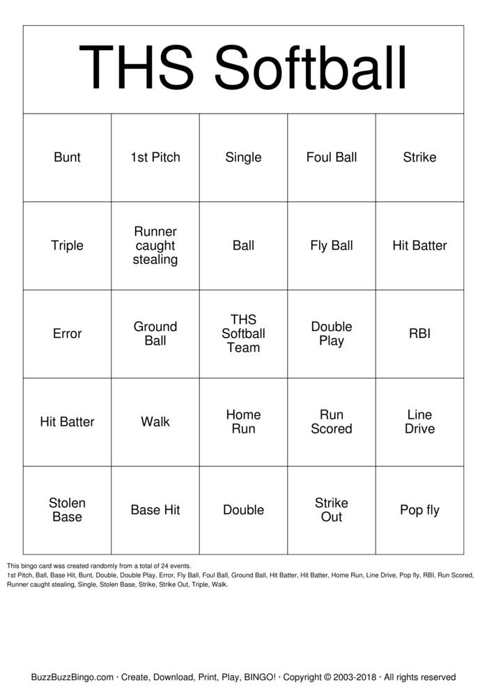 THS Softball Bingo Bingo Cards to Download, Print and Customize!